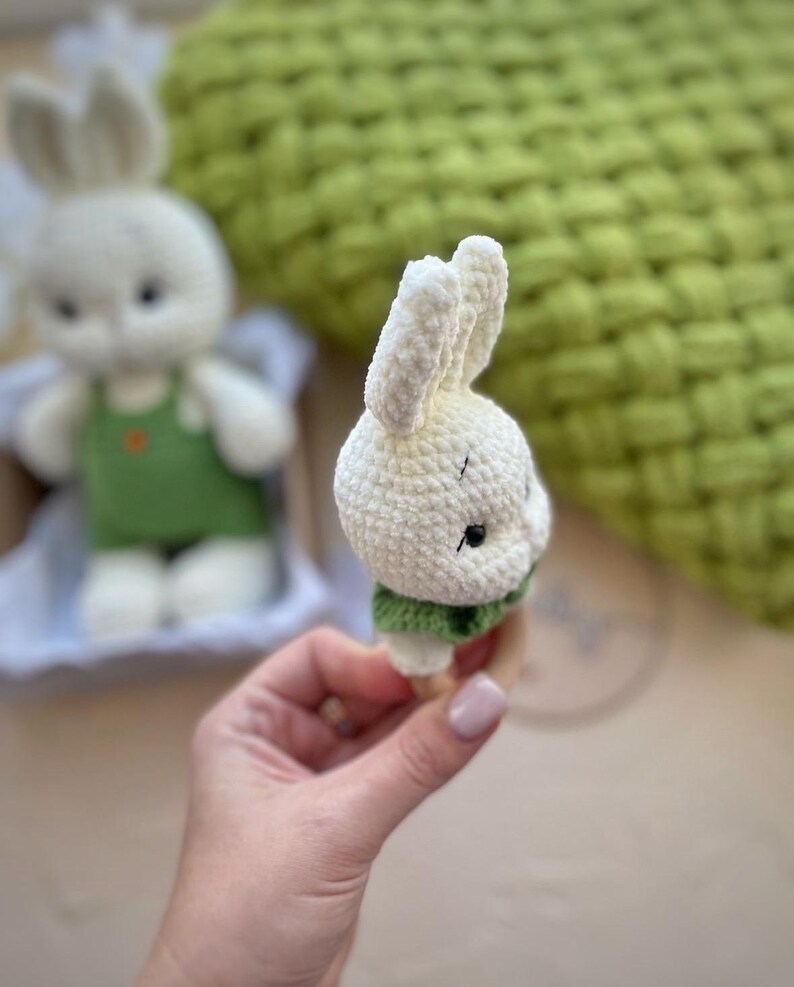Handmade Crochet Bunny Toy Set With Soft Plush Yarn and Wooden Ring ...