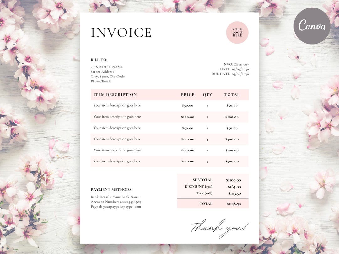 White and Pink Minimalist Invoice, Invoice Template, Small Business ...