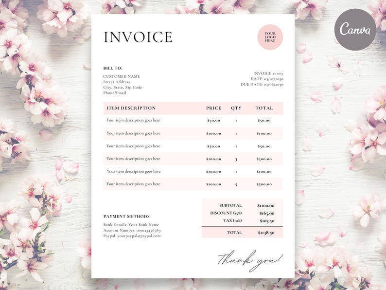 White and Pink Minimalist Invoice, Invoice Template, Small Business ...