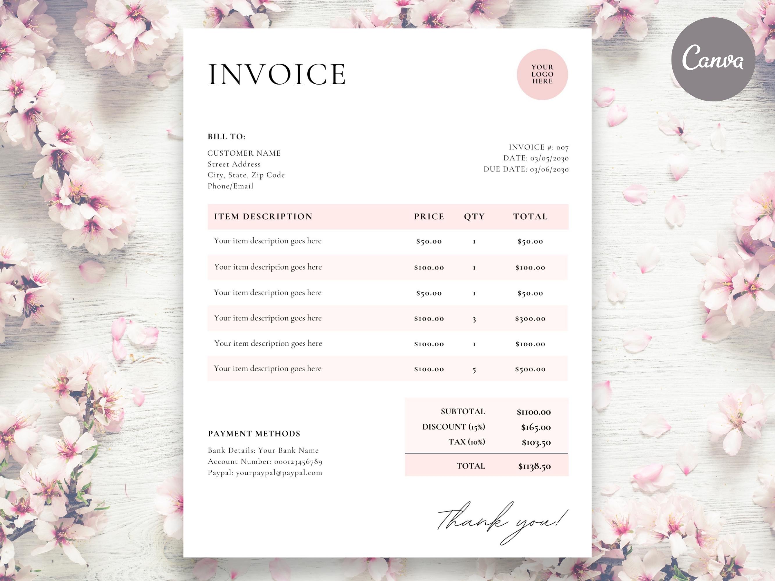 White and Pink Minimalist Invoice, Invoice Template, Small Business ...
