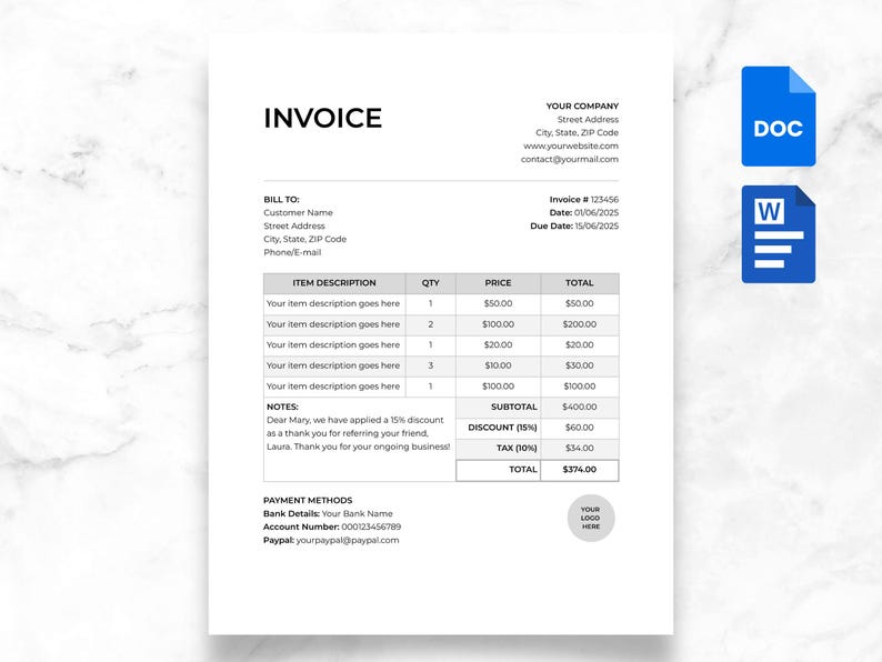 Simple Minimalist Business Invoice, Invoice Template Word, Small ...