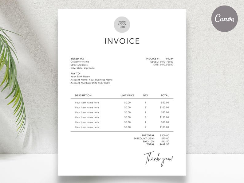 Simple Minimalist Business Invoice, Invoice Template, Small Business ...