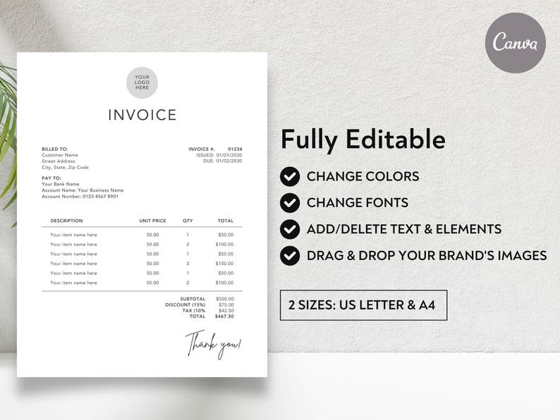 Simple Minimalist Business Invoice, Invoice Template, Small Business ...