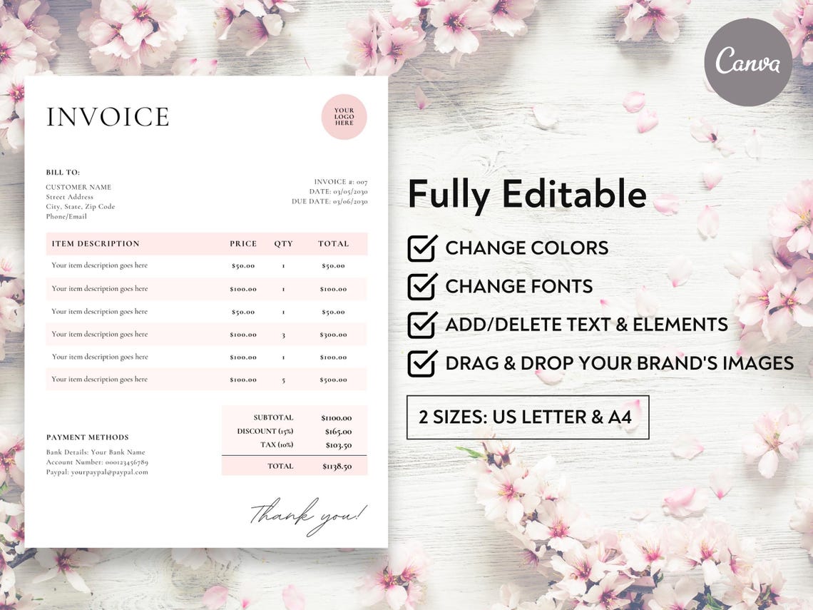 White and Pink Minimalist Invoice, Invoice Template, Small Business ...