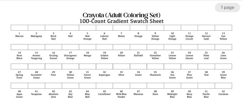 Crayola Adult Coloring (white Box) 100-count Gradient Swatch Sheet - Etsy