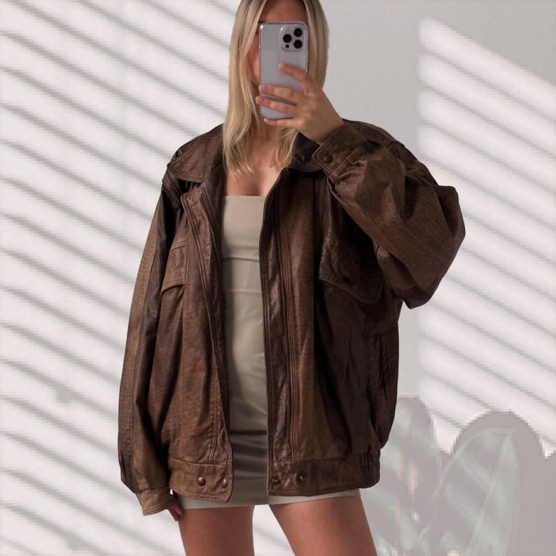 90's Vintage Oversized Brown Leather Jacket for Women Retro 90s Vintage Style Casual Chic Loose ...