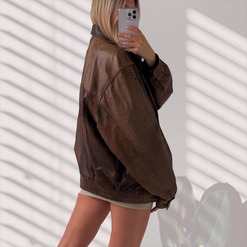 90's Vintage Oversized Brown Leather Jacket for Women Retro 90s Vintage Style Casual Chic Loose ...