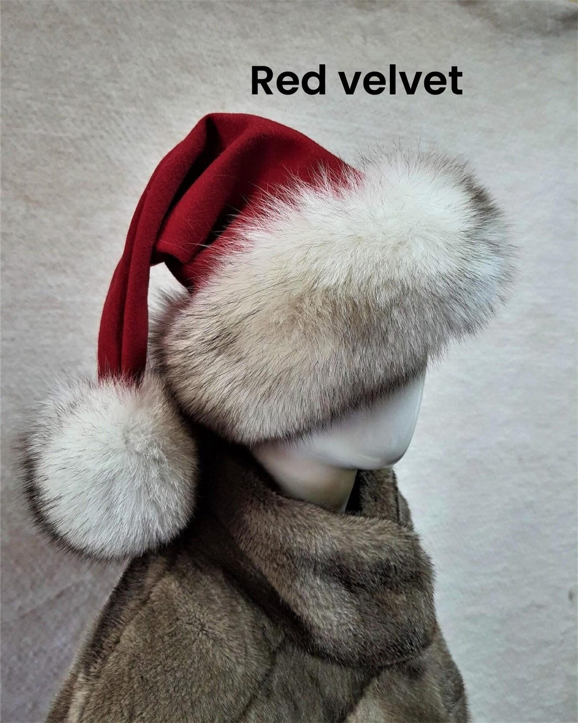 Luxury Red and Burgundy Velvet Santa Hat With Gray Faux Fur Trim ...