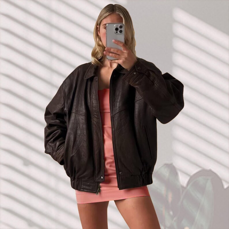 1990's Vintage Style Oversized Brown Leather Jacket for Women Casual, Retro, and Chic Outerwear ...