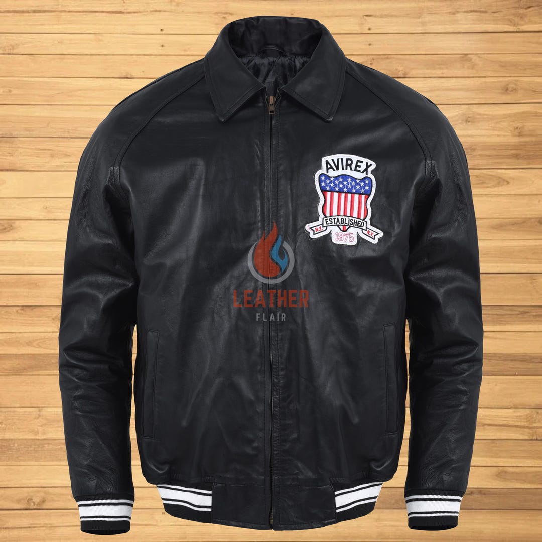Men's American Vintage Black Leather Bomber Jacket American Flag Patch ...