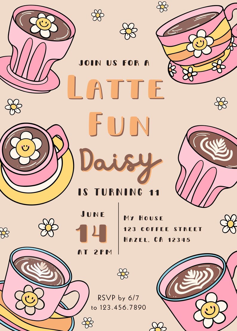 Made-to-order Digital Invitation | Latte Fun Groovy Coffee Birthday ...