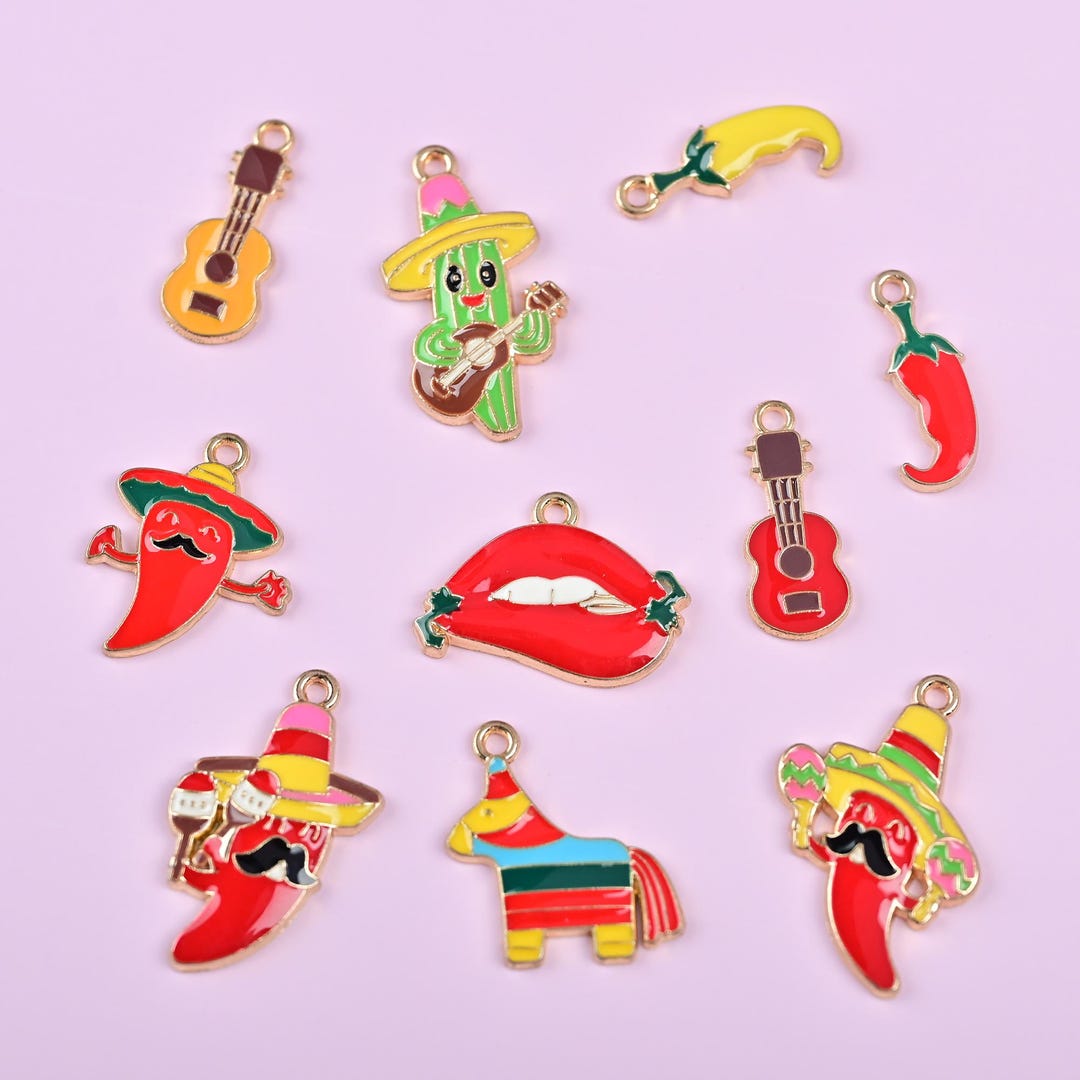 Mexican Fiesta Charms Set, Enamel Guitar Chili Cactus Piñata Pendants ...