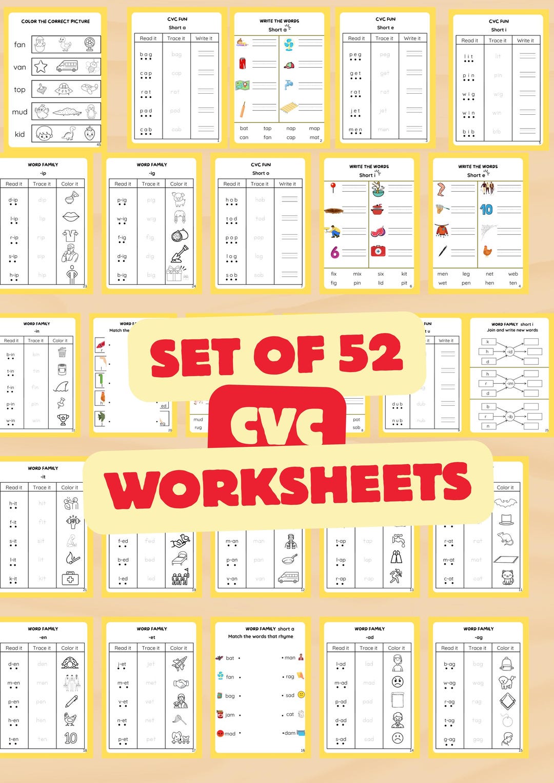 52 CVC Words Worksheets Bundle: Phonics, Reading (digital Download) - Etsy