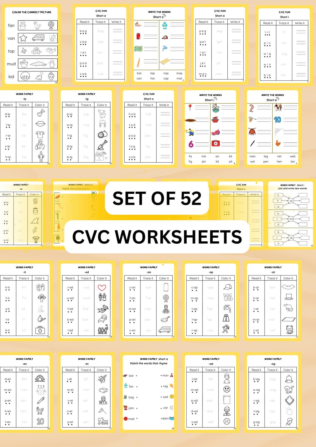 52 Printable CVC Worksheets Bundle Short Vowel Phonics Families Reading ...