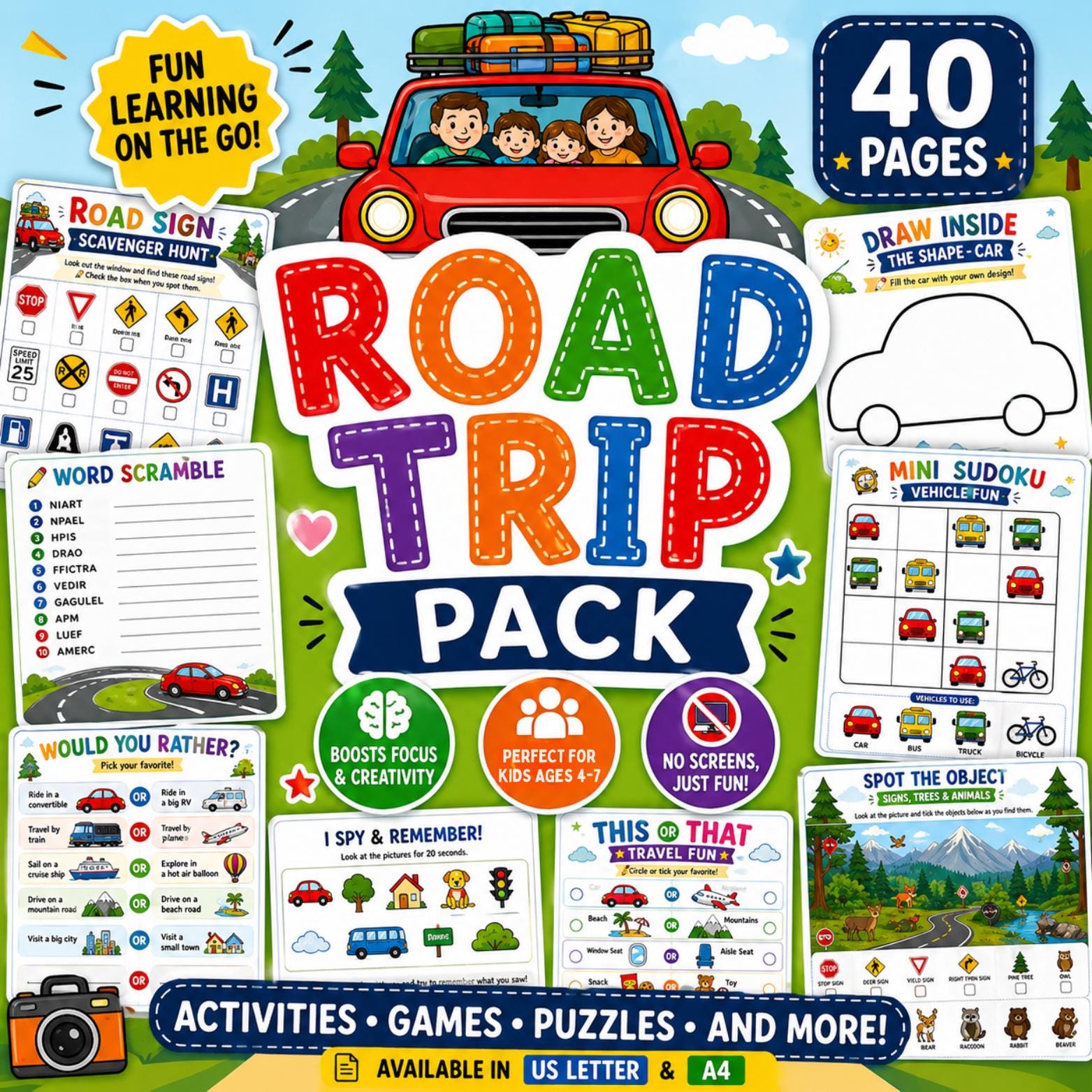 Kids Road Trip Activity Pack | 40 Printable Games, Travel Binder ...
