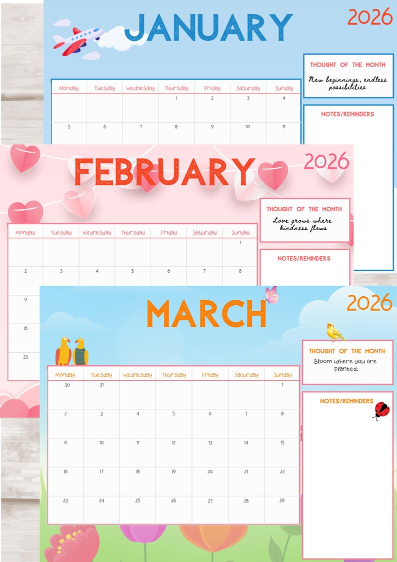 2026 Calendar Printable, Kids Calendar, Monthly Themed Calendar, School ...