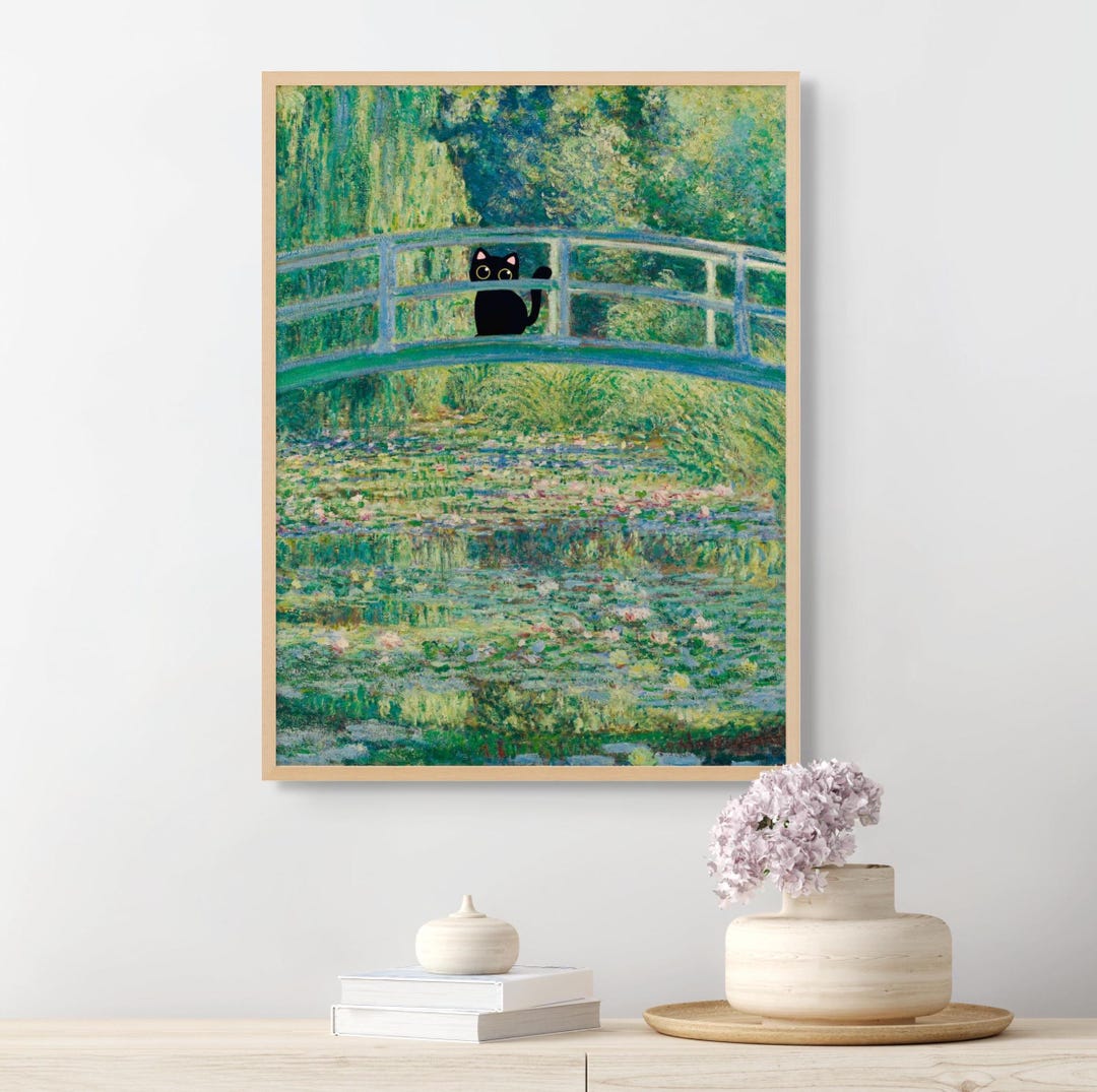 Monet Cat Art Print, Claude Monet Cat Poster, Black Cat Art, Cat in ...