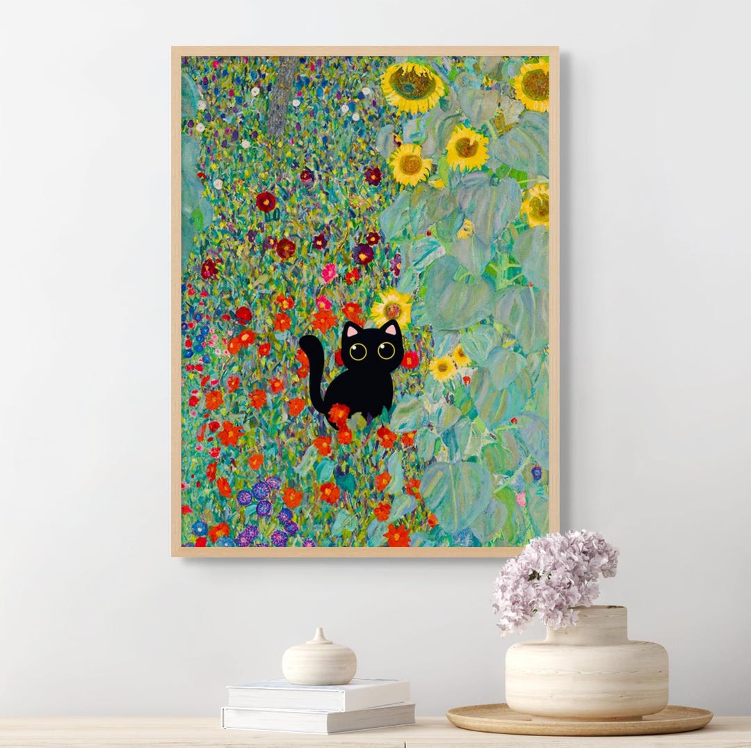 Gustav Klimt Garden Cat Print, Klimt Sunflower Cat Poster, Black Cat ...