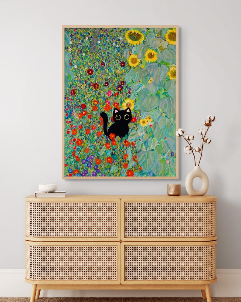 Gustav Klimt Garden Cat Print, Klimt Sunflower Cat Poster, Black Cat ...