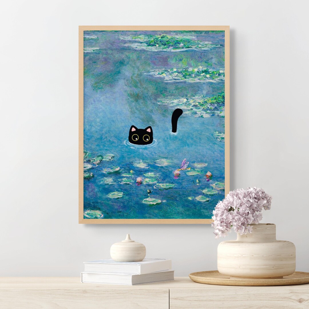 Monet Waterlilies Art Print, Monet Cat Art Print, Claude Monet Cat ...