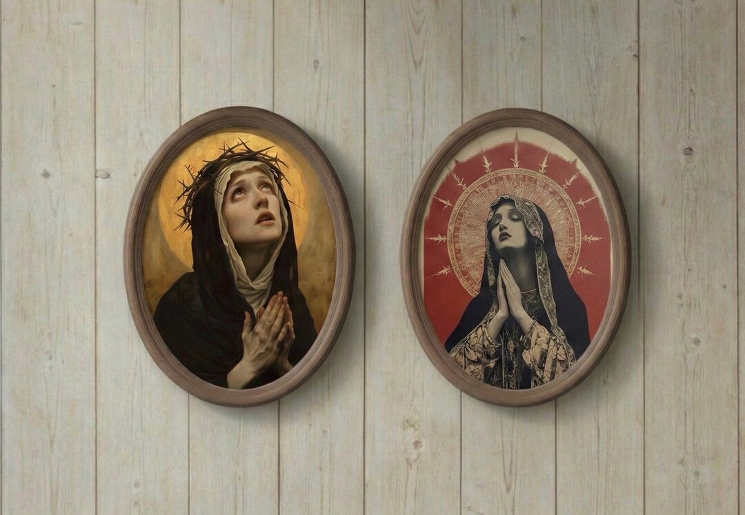 Set of 2 Gothic Virgin Mary & Saint Rita Icons - Vintage Catholic Altar ...