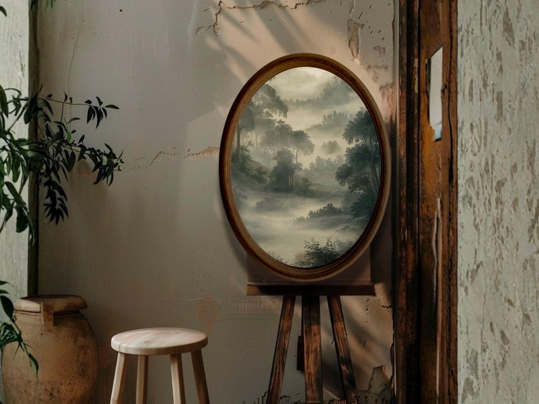 Vintage Foggy Forest Painting, Gothic Large Oval Wooden Frame Wall Art ...