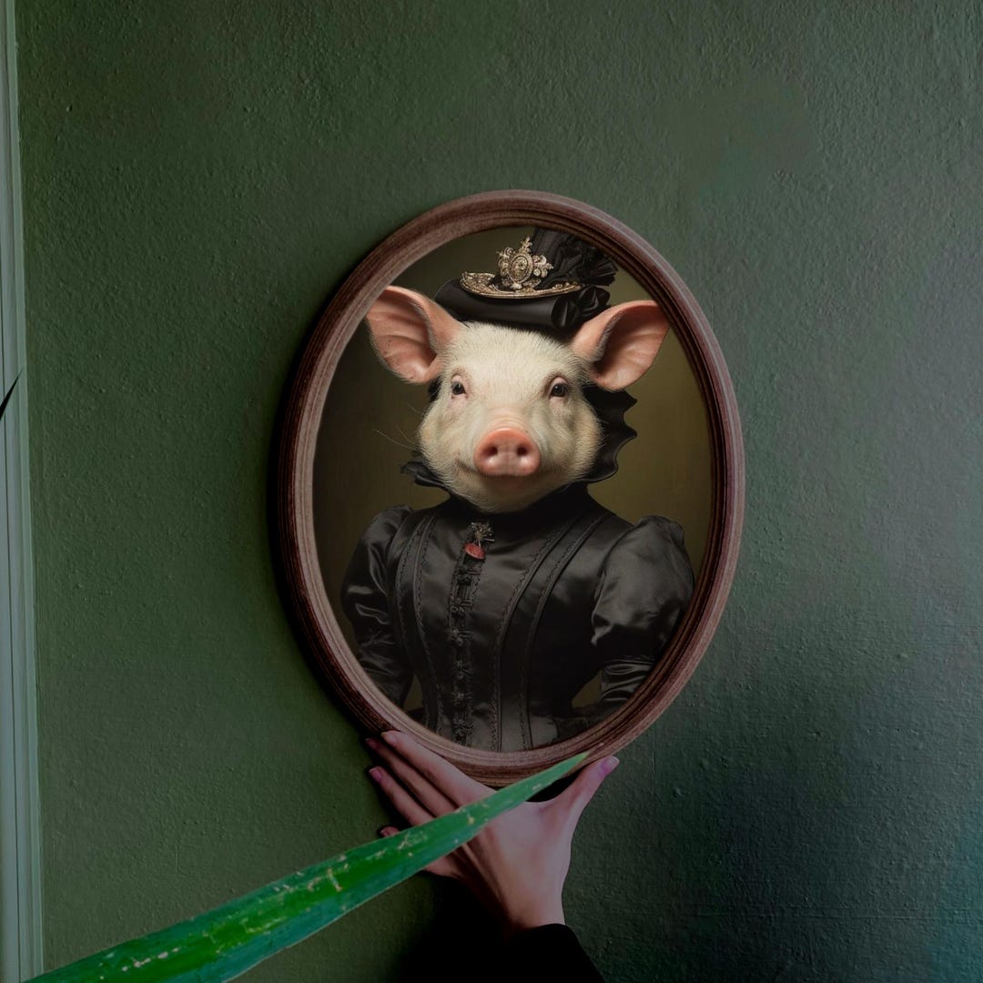 Pig Victorian Portrait: Handmade Animal Wall Plaque in Oval Wood Frame ...