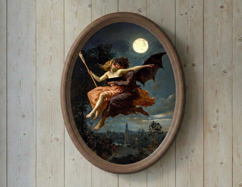 Gothic Witch and Vampire Kissing Art - Flying Broomstick Lovers ...