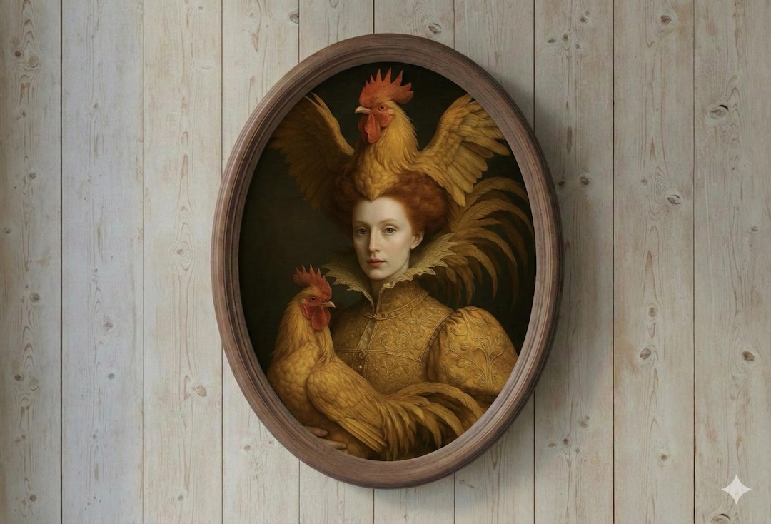 Victorian Chicken Portrait, Handmade Oval Wood Frame, Vintage Animal ...