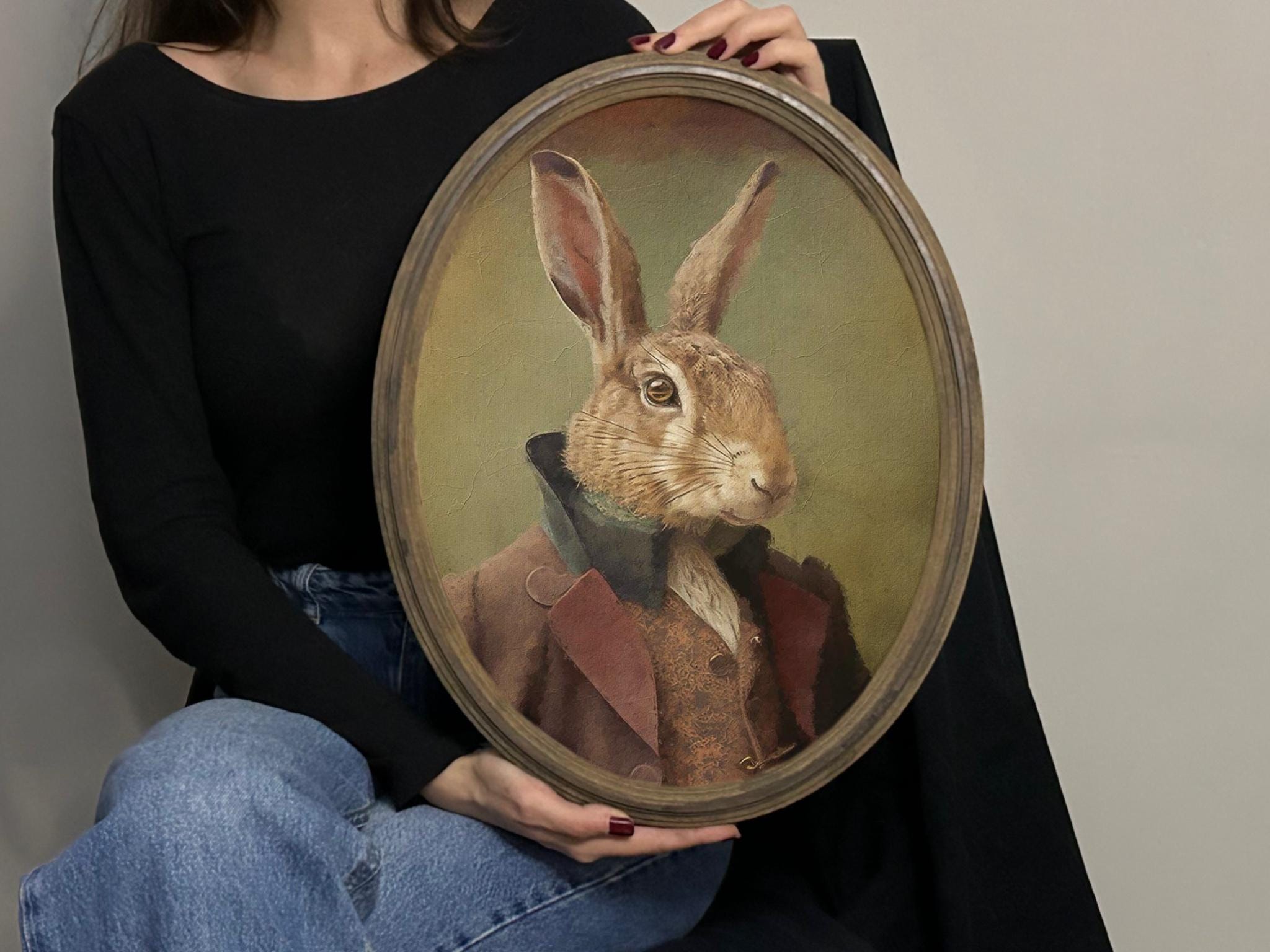 Victorian Rabbit Portrait: Handmade Wooden Oval Wall Plaque - Etsy
