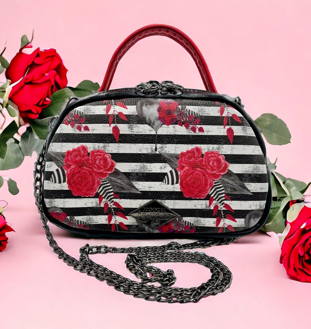 Black and White Stripes Bag, Black White and Red Bag, Red Roses Bag ...