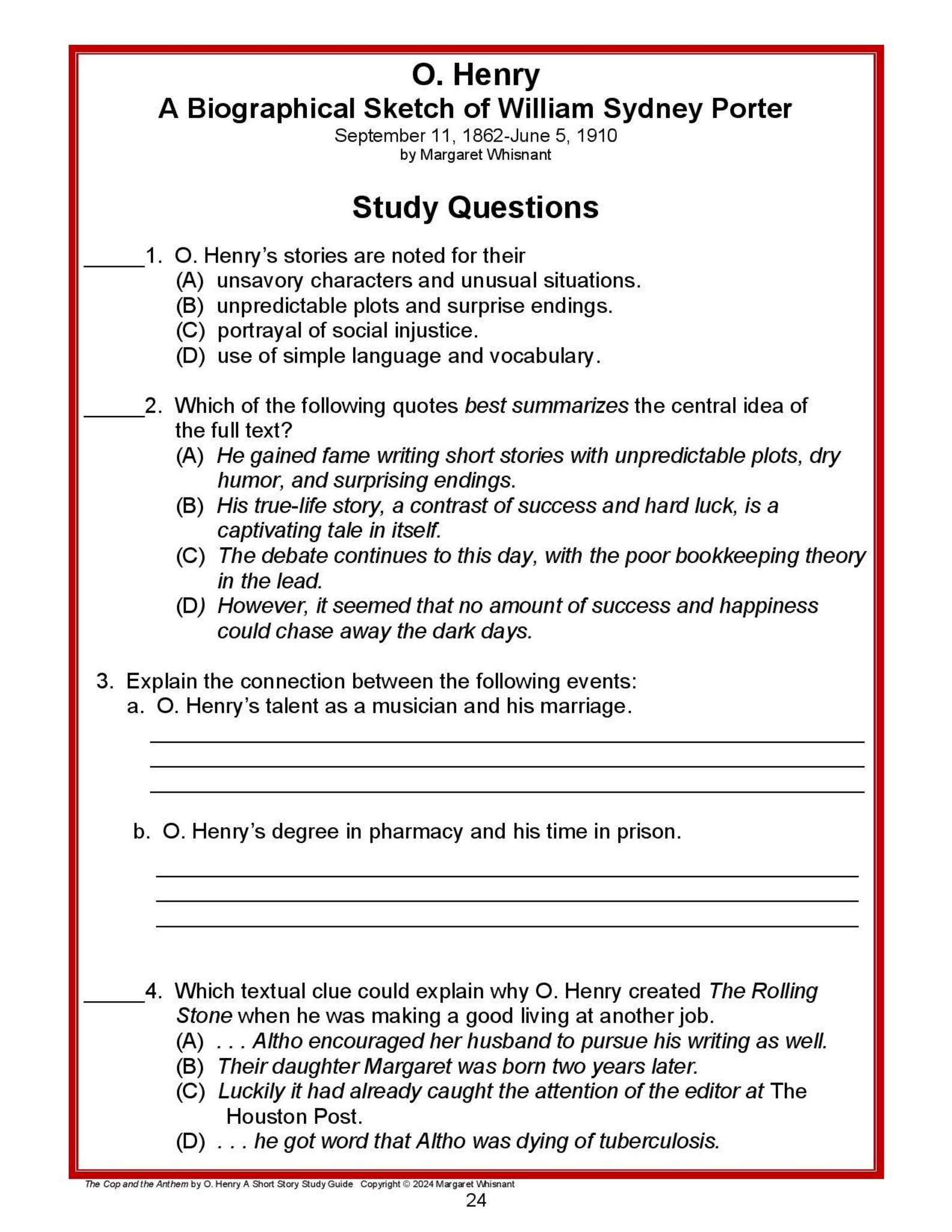 The Cop and the Anthem by O Henry A Short Story Study Guide - Etsy