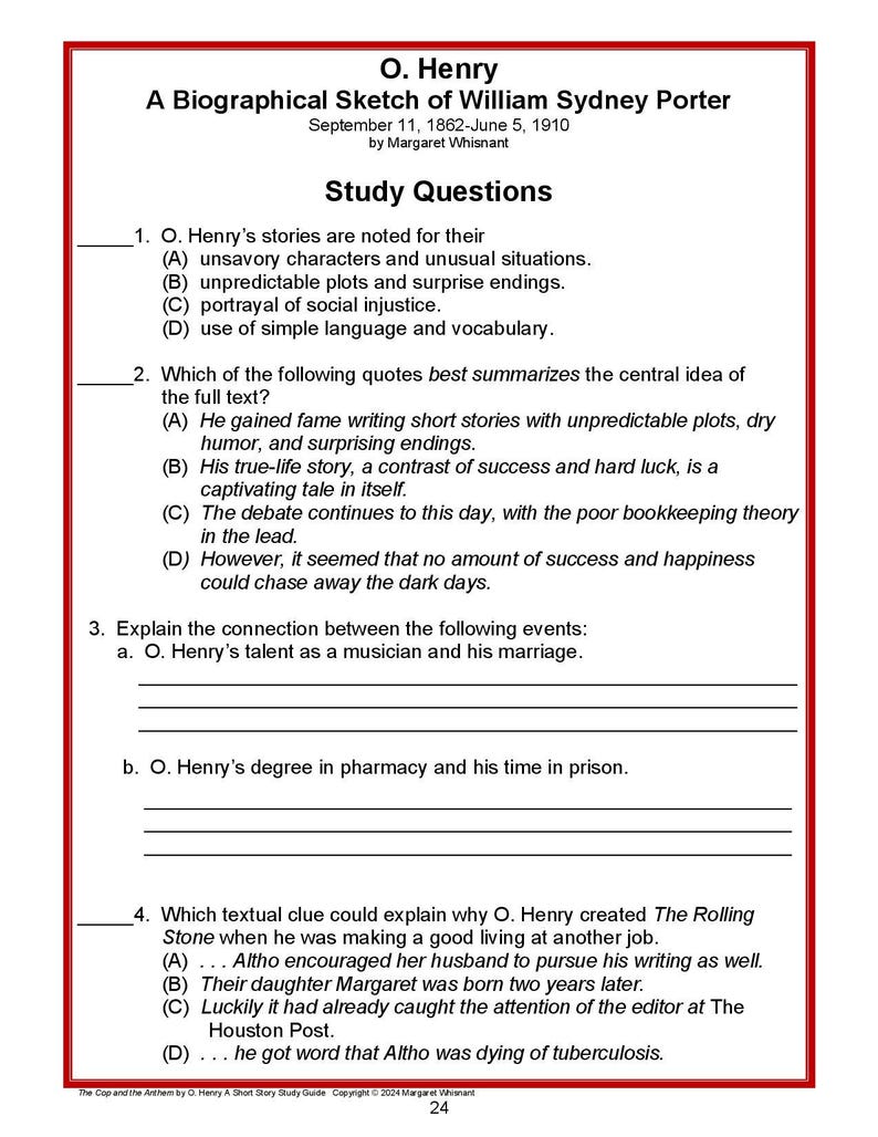 The Cop and the Anthem by O Henry A Short Story Study Guide - Etsy