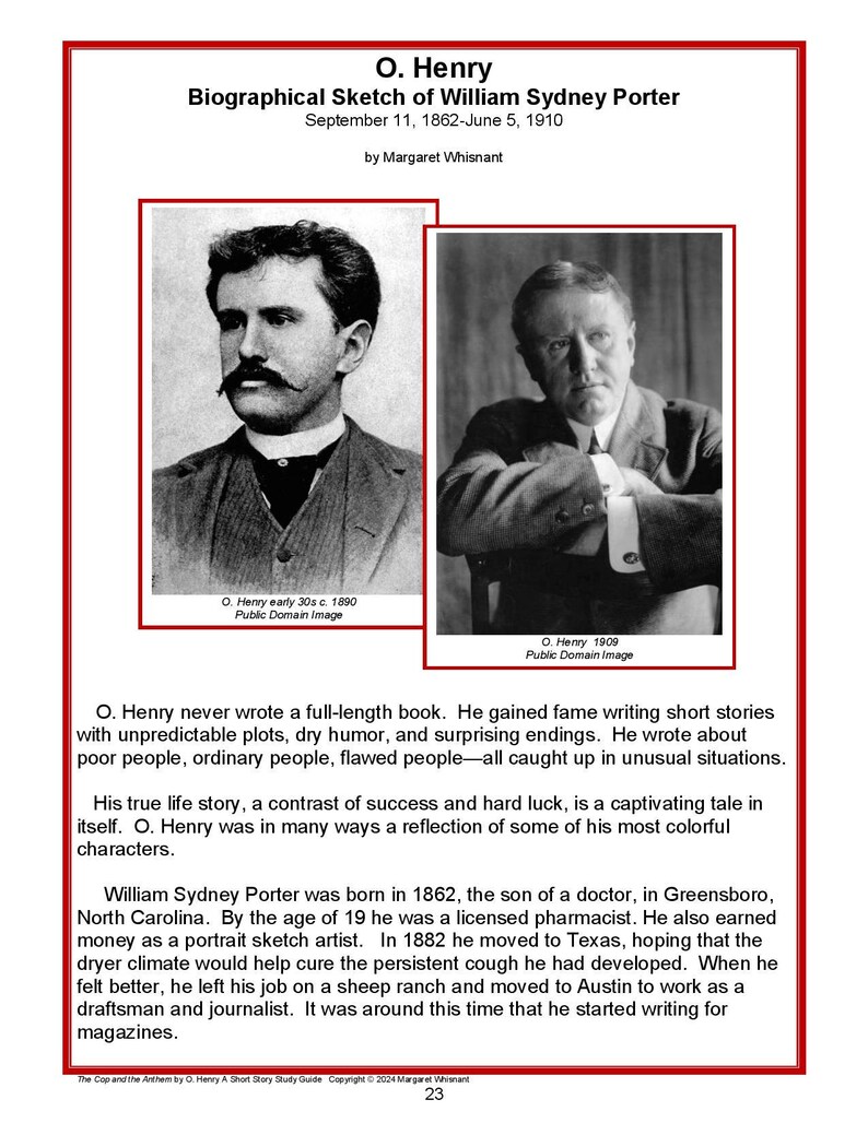 The Cop and the Anthem by O Henry A Short Story Study Guide - Etsy