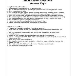 The Lion, the Witch, and the Wardrobe Chapter Questions With Answer Keys - Etsy