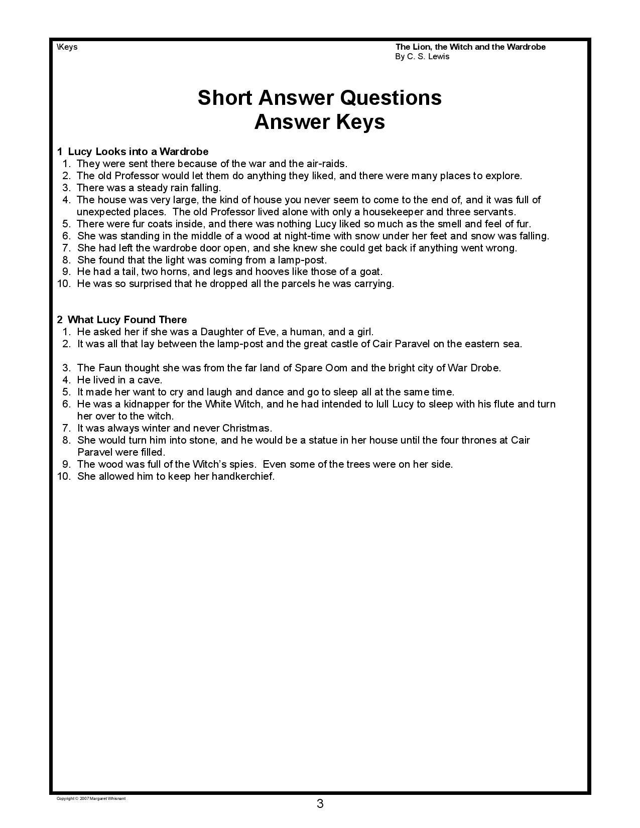 The Lion, the Witch, and the Wardrobe Short Answer Questions With ...