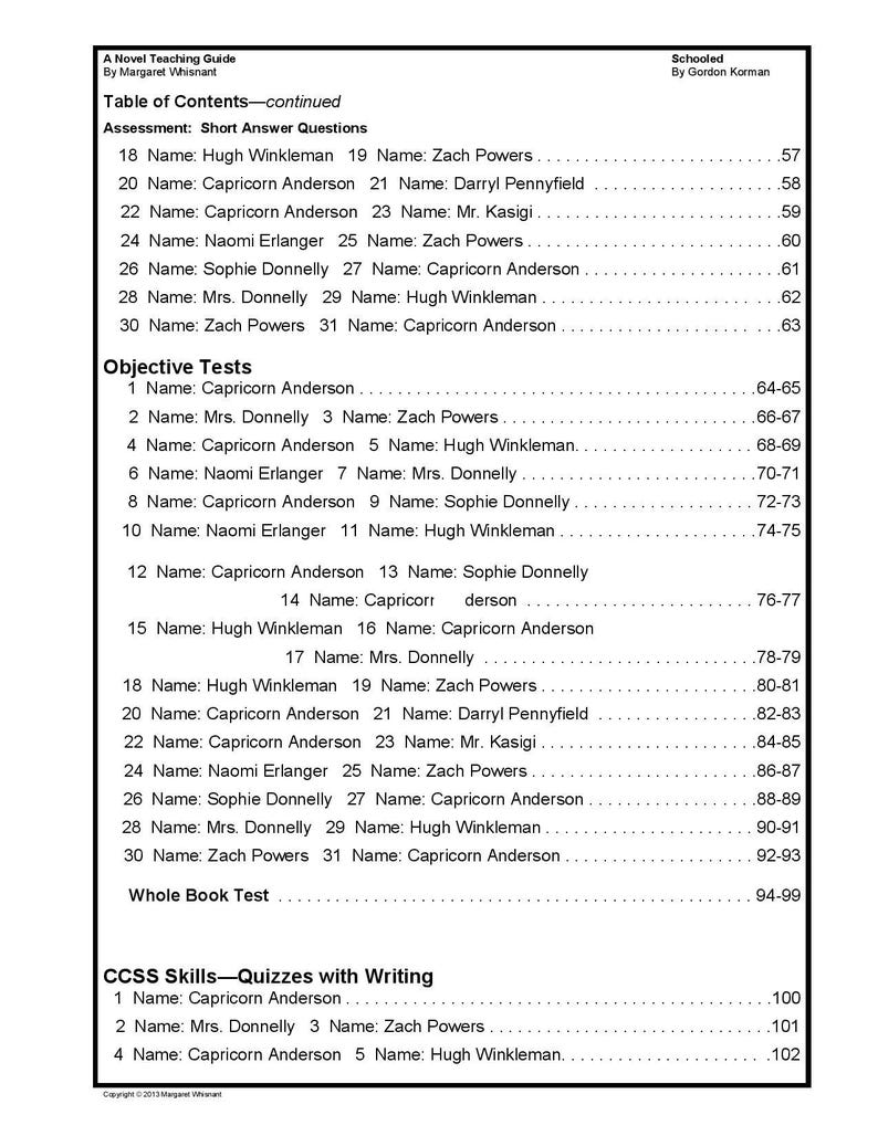 Schooled by Gordon Korman Novel Study | Comprehension Questions ...