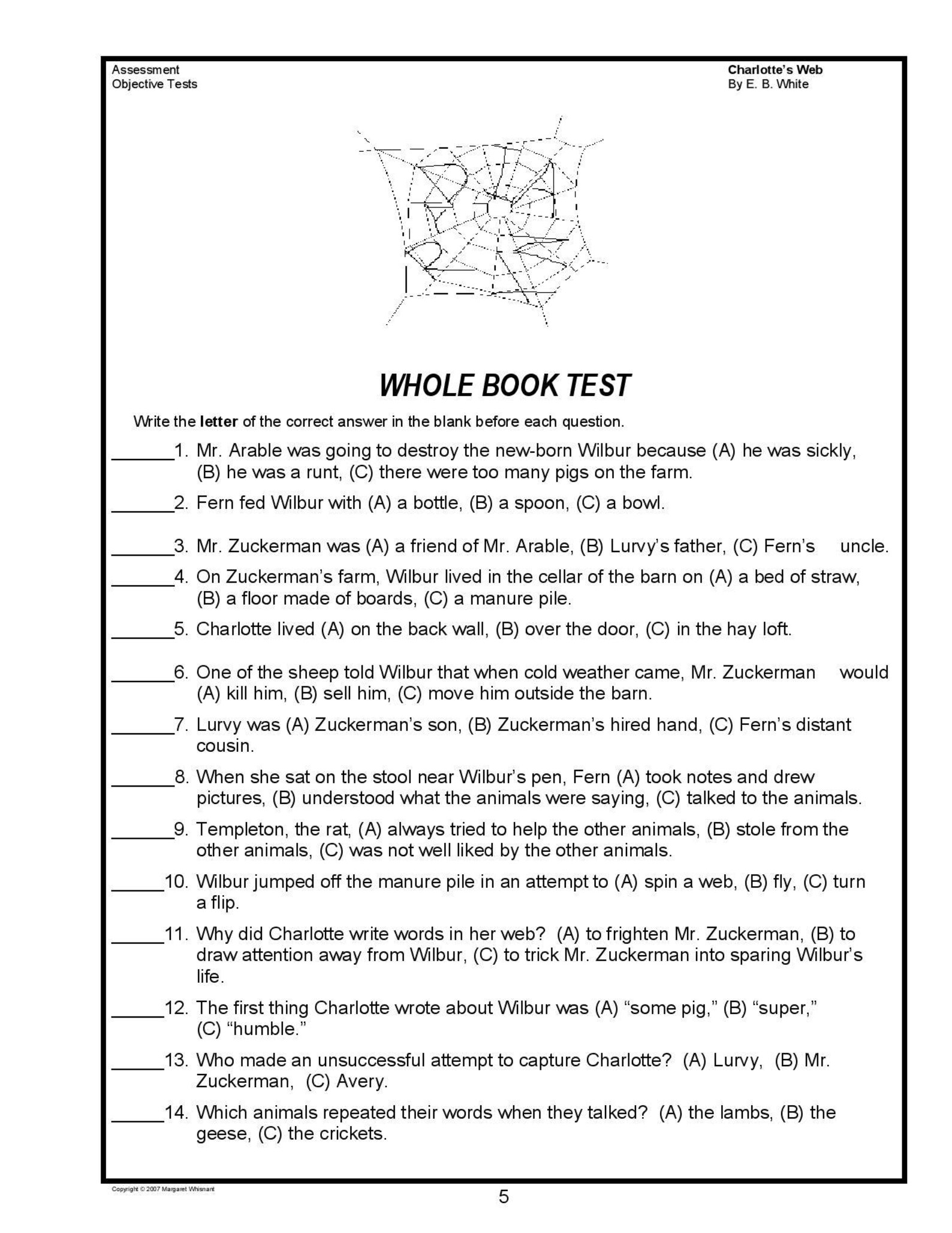 Charlotte's Web Chapter Summaries and Chapter Objective Tests With ...