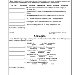 The Lion, the Witch, and the Wardrobe Vocabulary Study With Answer Keys ...