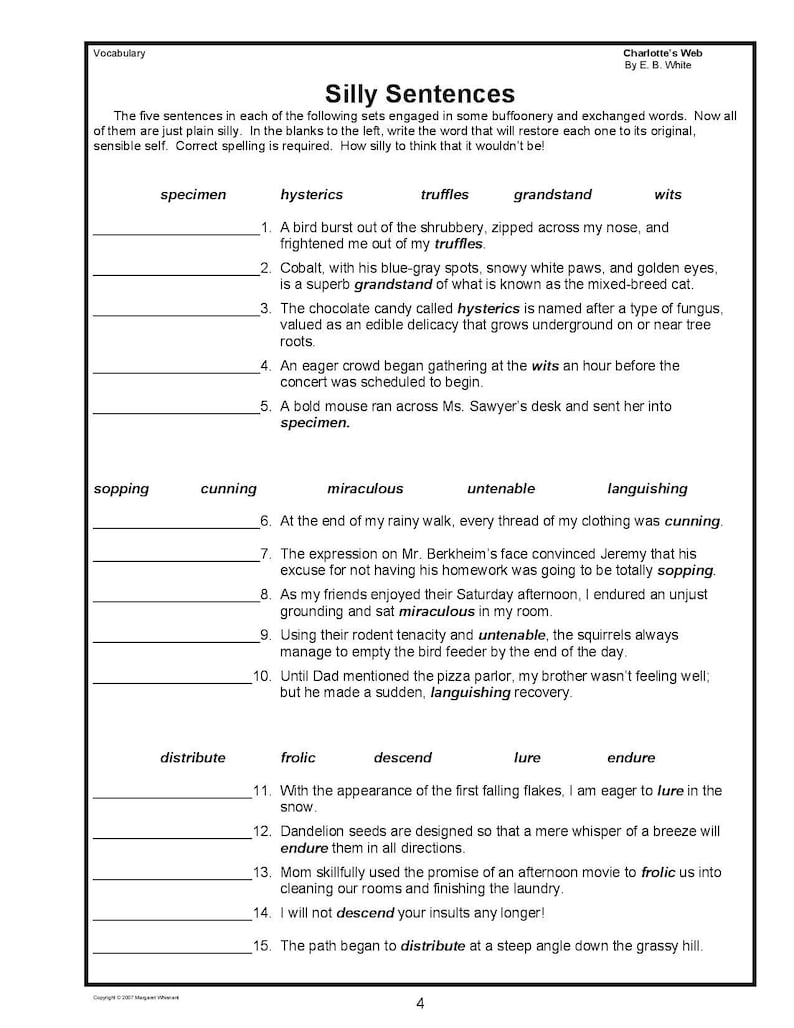 Charlotte's Web Vocabulary Study With Word Lists, Definitions ...