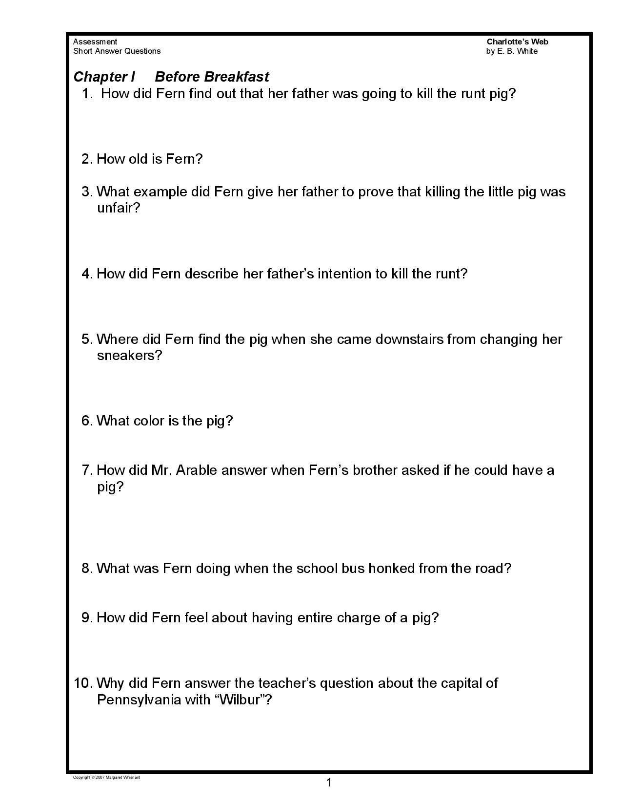 Charlotte's Web Short Answer Questions With Answer Keys - Etsy
