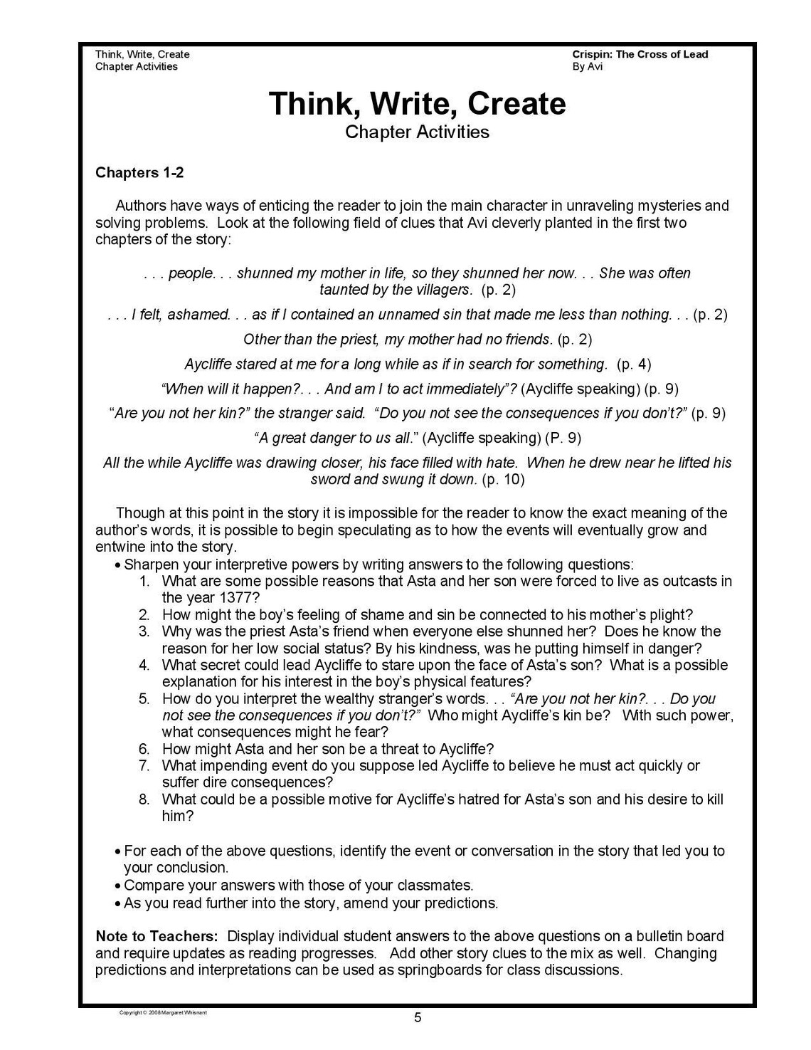 Crispin: the Cross of Lead Novel Study Guide - Chapter Questions ...