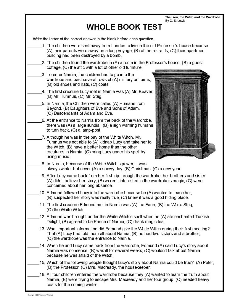 The Lion, the Witch, and the Wardrobe Whole Book Test With Answer Keys ...