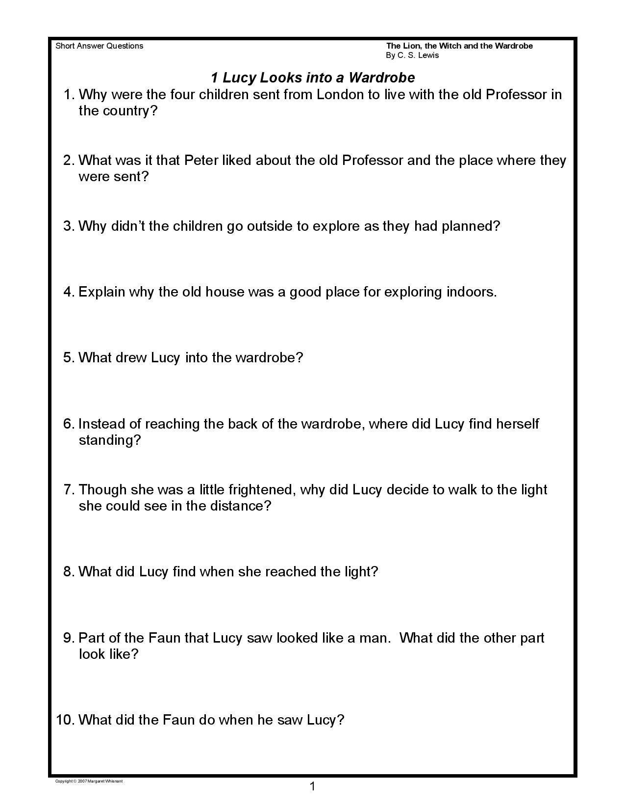 The Lion, the Witch, and the Wardrobe Short Answer Questions With ...