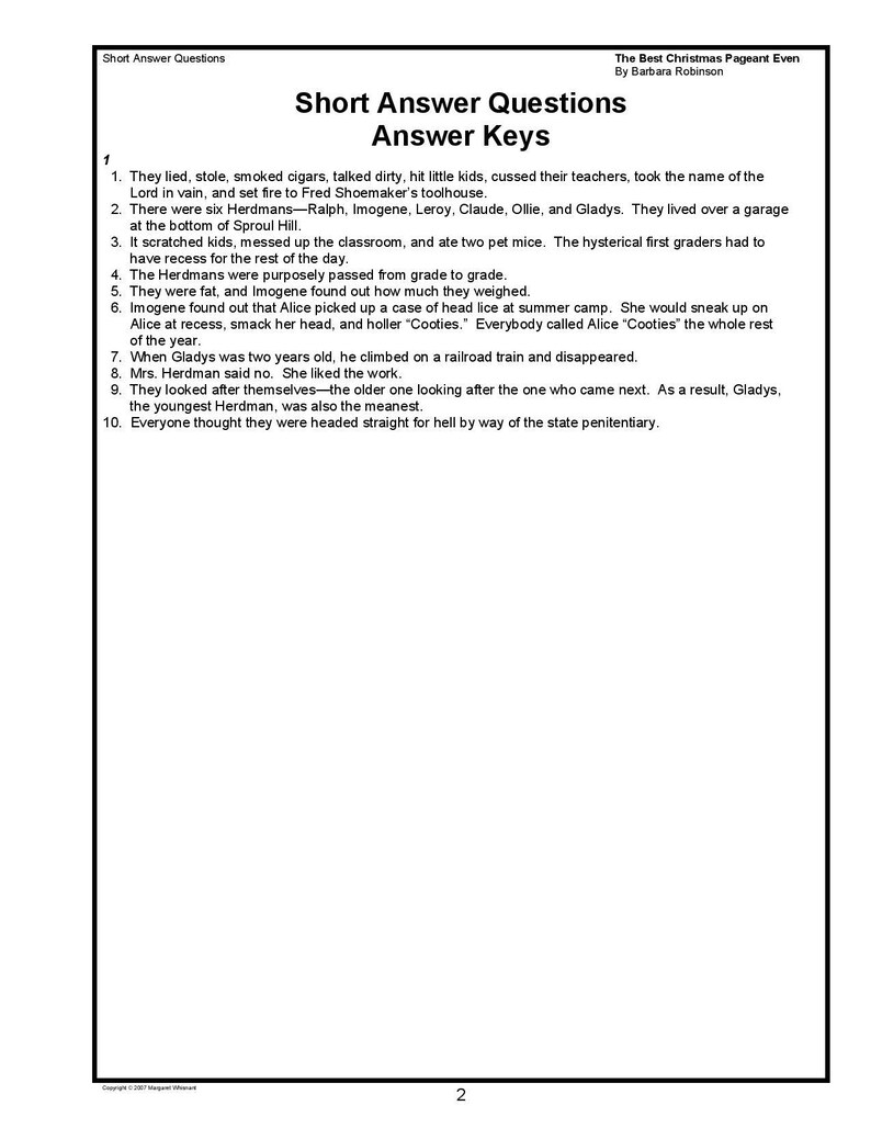 The Best Christmas Pageant Ever Chapter Short Answer Questions With ...