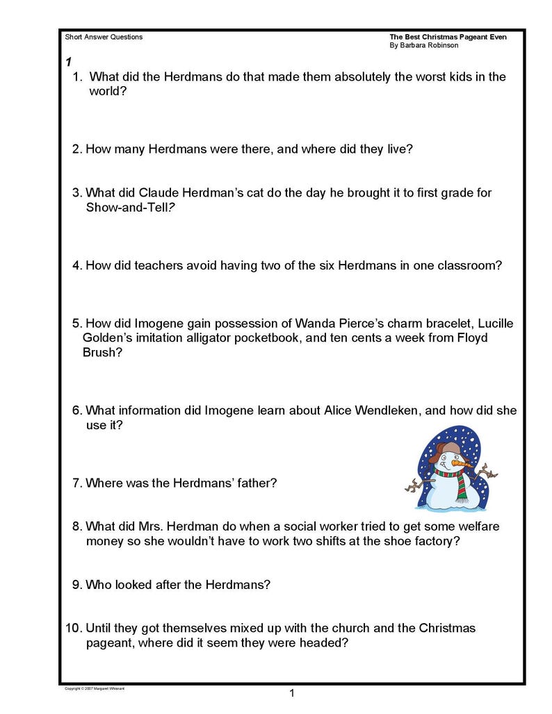The Best Christmas Pageant Ever Chapter Short Answer Questions With ...