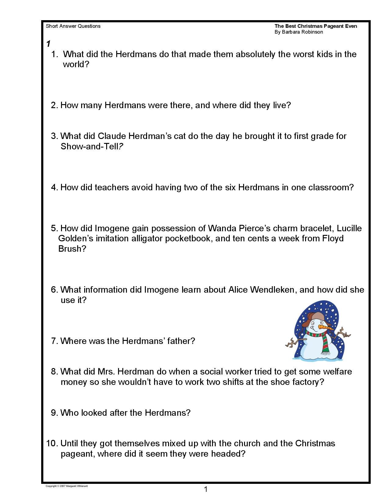 The Best Christmas Pageant Ever Chapter Short Answer Questions With ...