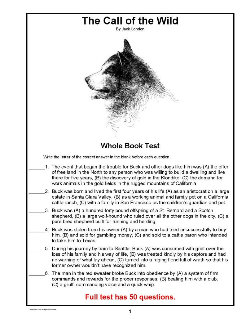 Call of the Wild Whole Book Objective Test of Comprehension, Multiple ...