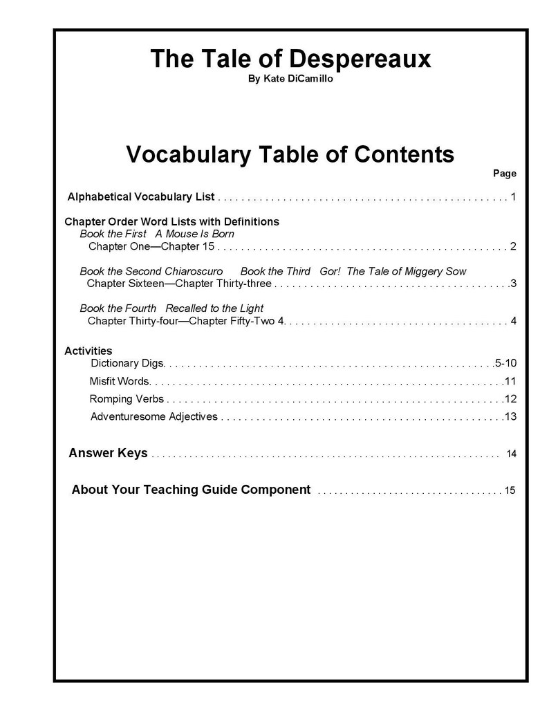 The Tale of Despereaux Vocabulary Study With Answer Keys - Etsy