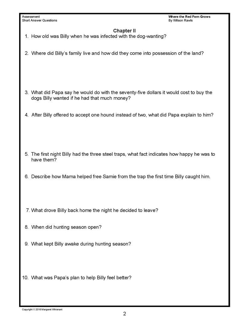 Where the Red Fern Grows Short Answer Questions With Answer Keys - Etsy
